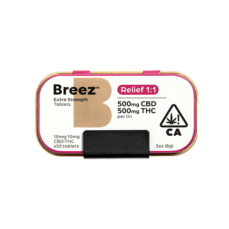Breez Tablet 50 Count Tin – Relief 1:1 CBD:THC, 1000mg – Chyll.com